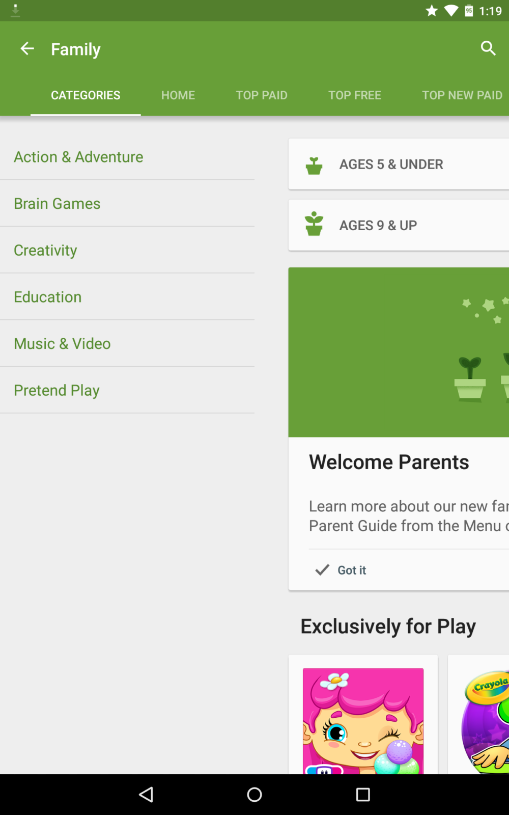 Google's new family-friendly section now live in the Play Store