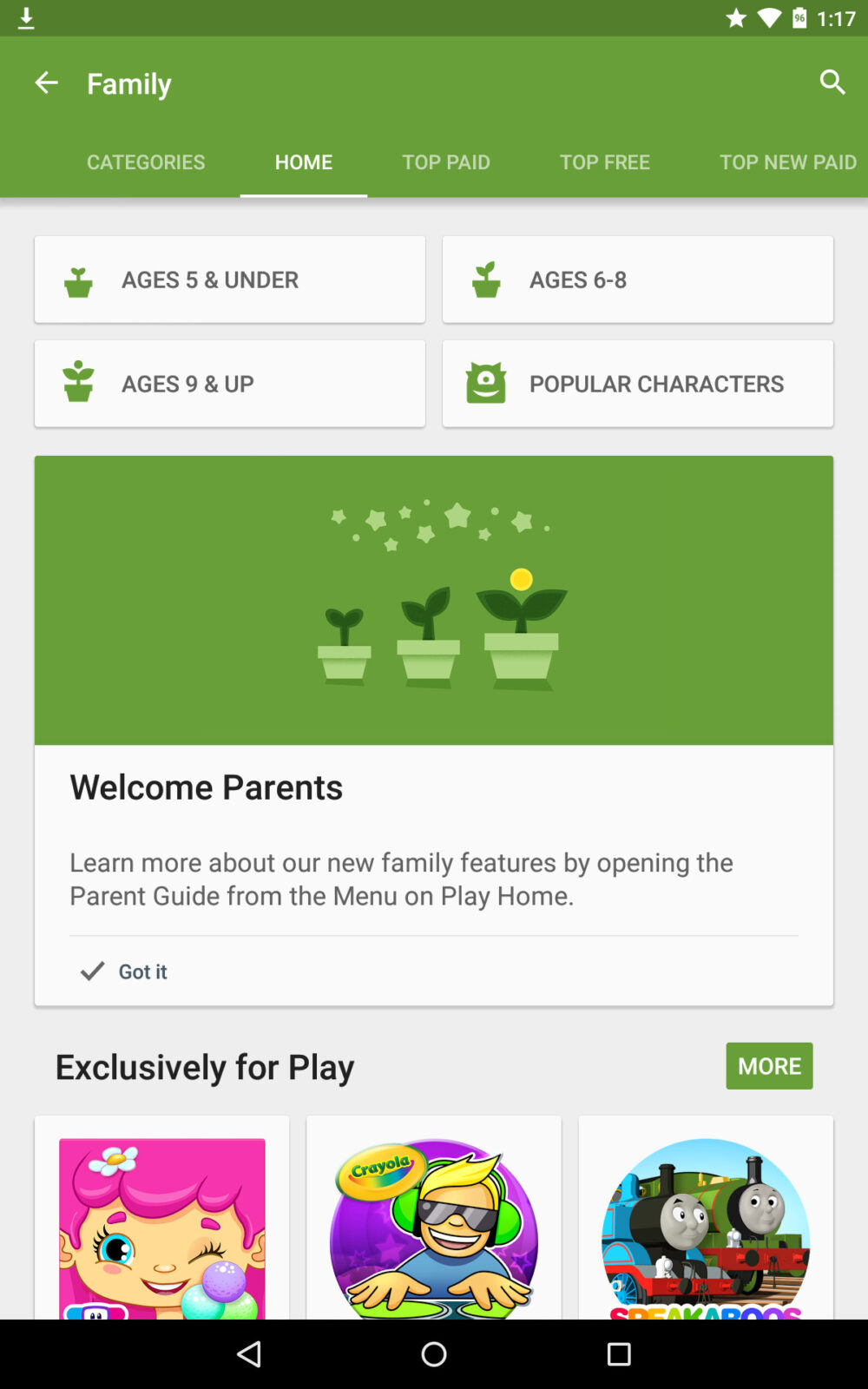Google's new family-friendly section now live in the Play Store