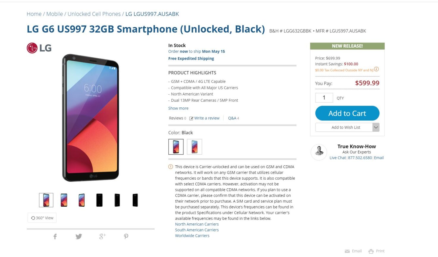 Unlocked LG G6 now available for shipping from B&H Photo for $600