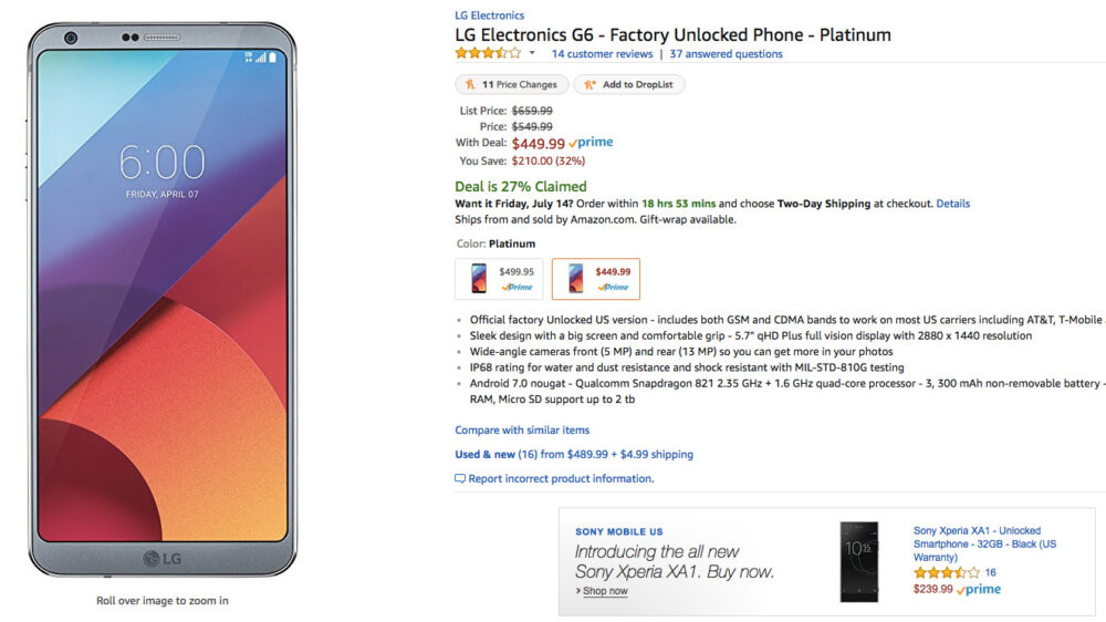Deal: Amazon Prime Day discounts unlocked LG G6 to $449.99