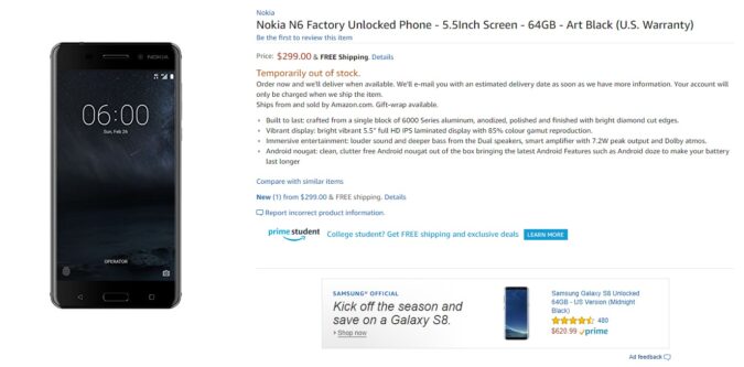 Nokia 6 Arte Black edition with 4 GB RAM/64 GB ROM listed on Amazon US