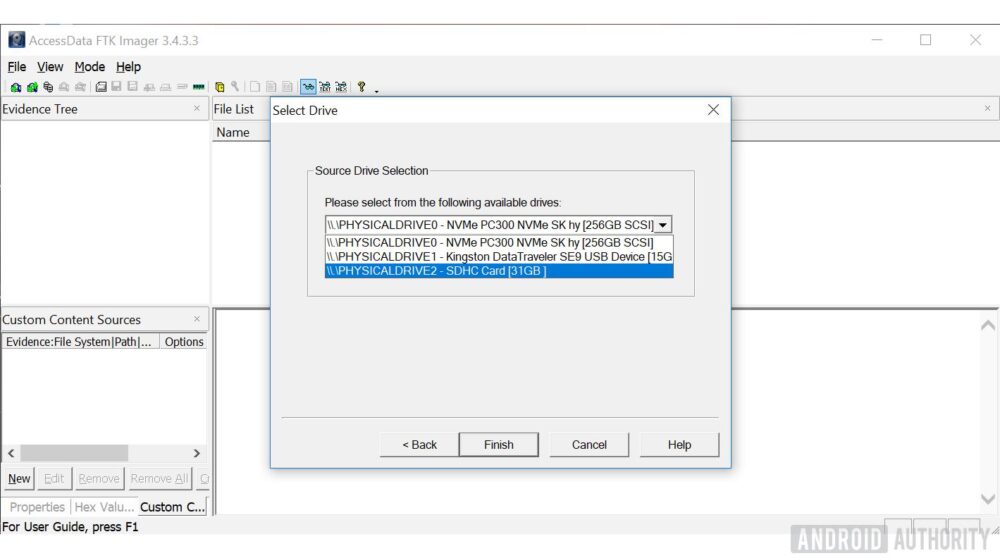 How to perform a physical acquisition on an SD card using a forensic tool