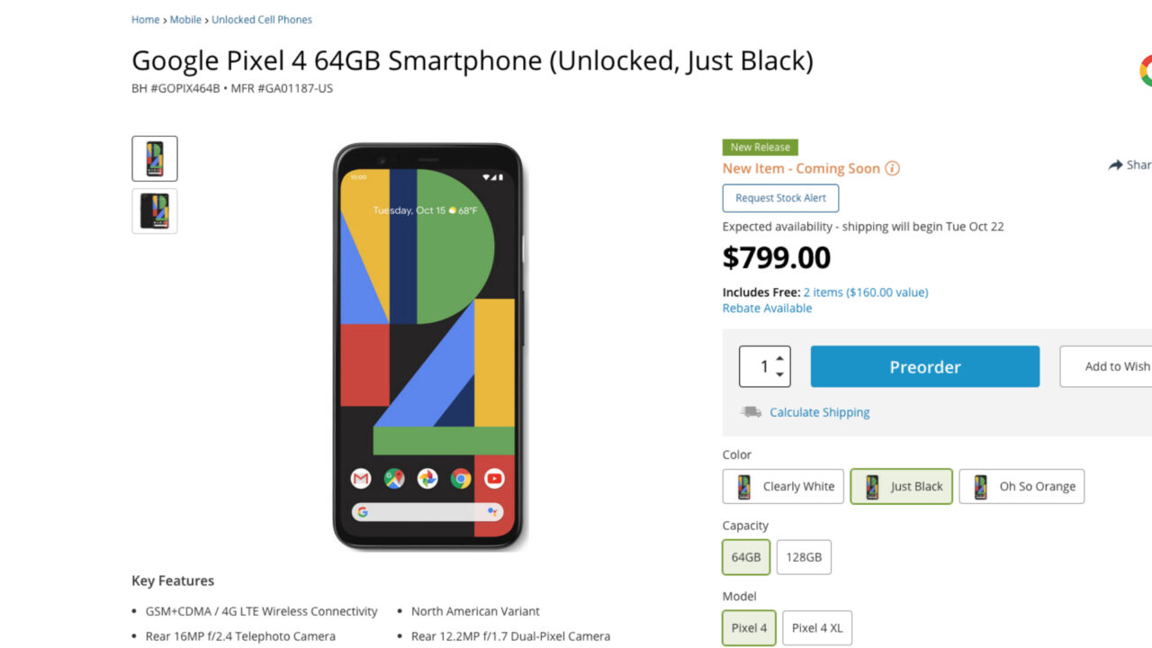 Pixel 4 pre-order go live on B&H starting at $799, shiping starts ...