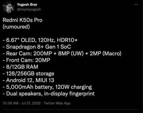 Redmi K50S Pro leaked: 200MP phone with a big battery and fast charging