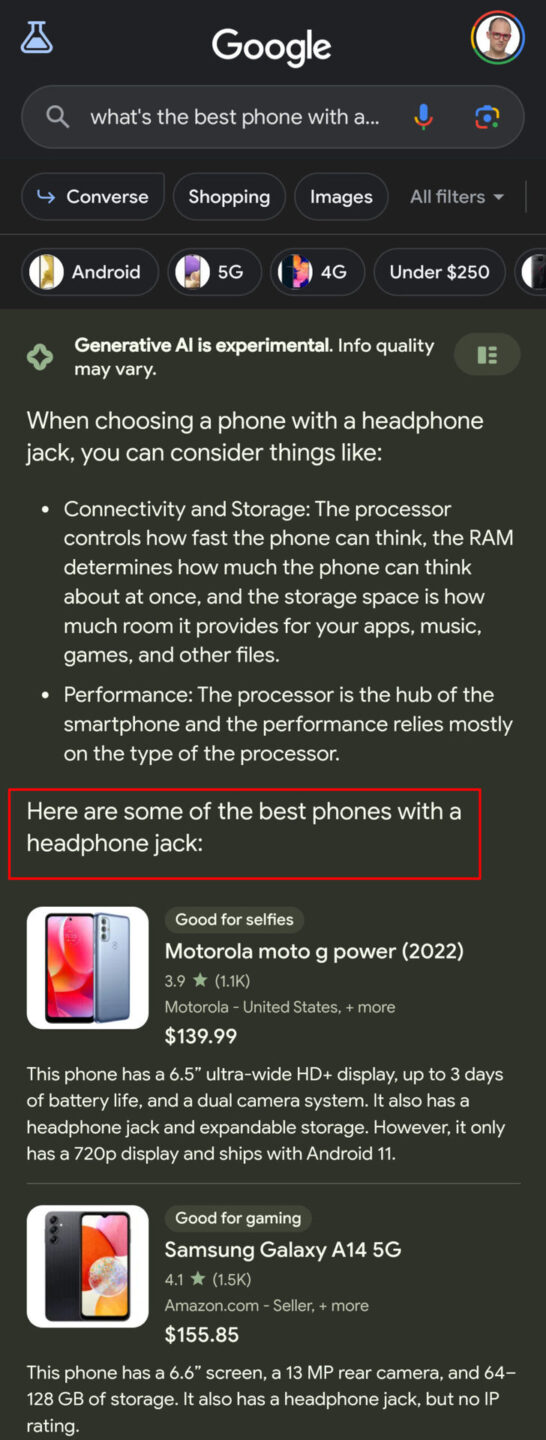 I used Google's AI search to find a good phone, and its answers were bad
