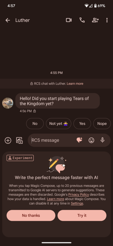 AI-based Magic Compose in Messages is fun (but maybe not accurate)
