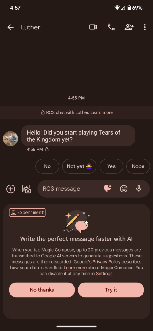 AI-based Magic Compose in Messages is fun (but maybe not accurate)