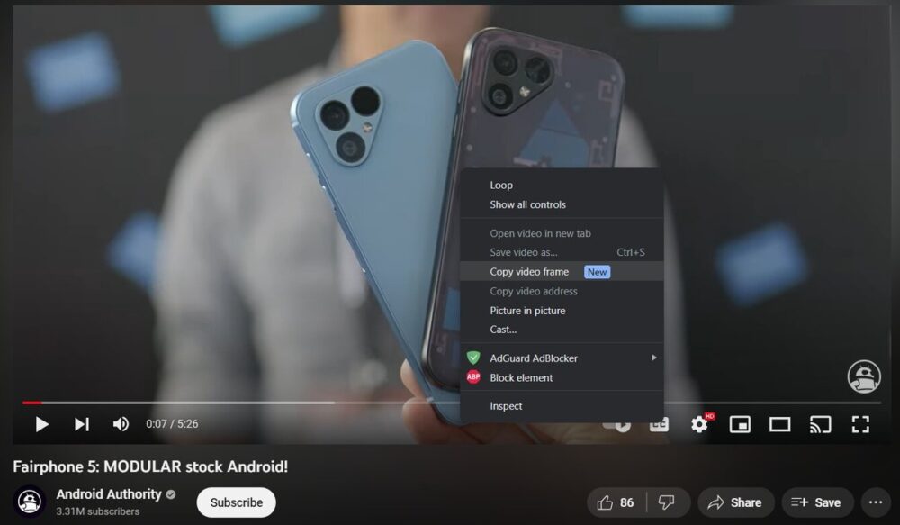Chrome makes it easy to copy the exact frame you want from a video