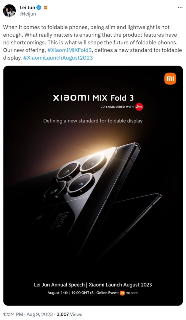 Xiaomi's newest foldable, the MIX Fold 3, launches next week