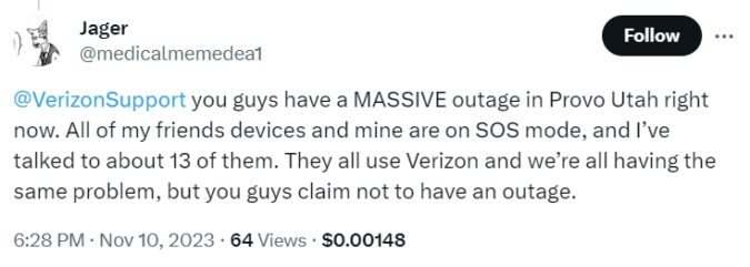 Verizon had a 'No service' and 'SOS only' outage today (Update: Back up)