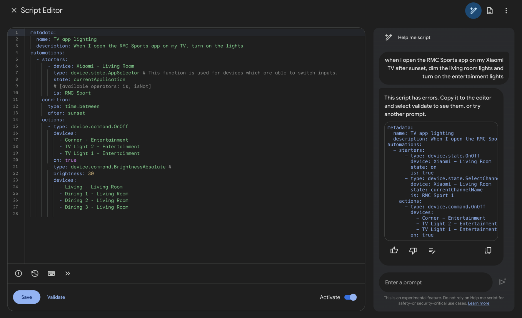 I didn't dare mess with Google Home's scripts before 'Help me script ...