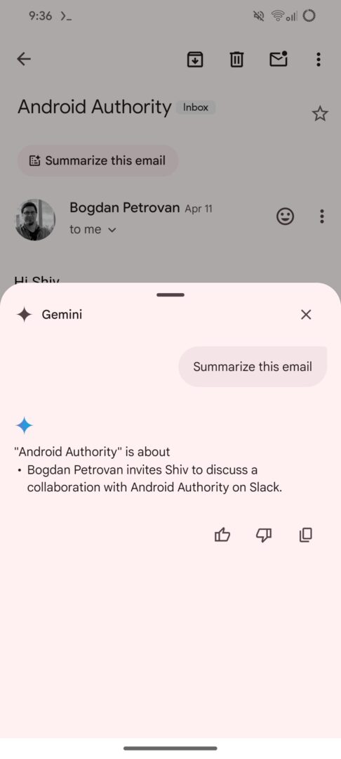 Gemini's summarize feature in Gmail for Android is now functioning