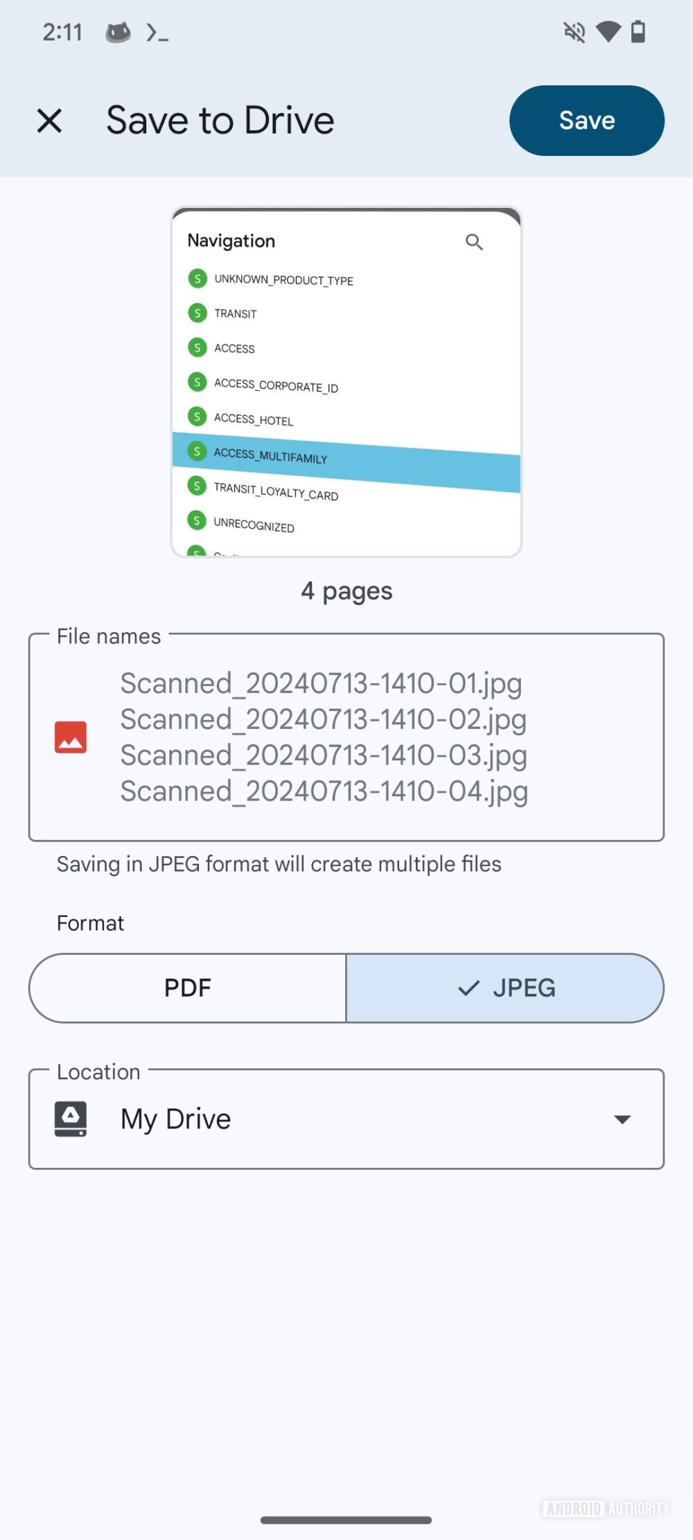 Google Drive lets you save scanned documents as JPEGs