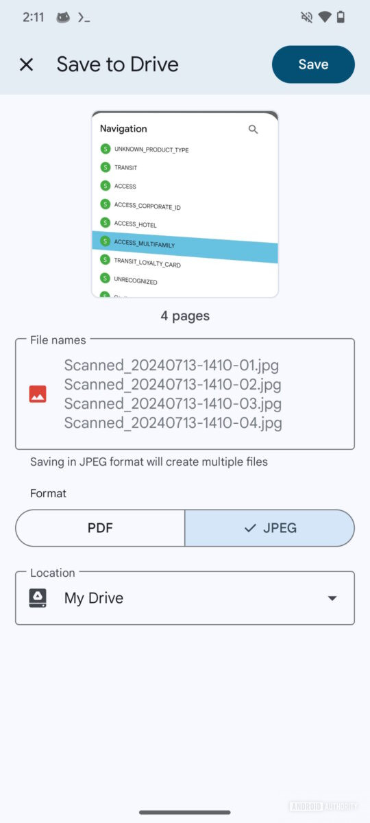 Google Drive lets you save scanned documents as JPEGs