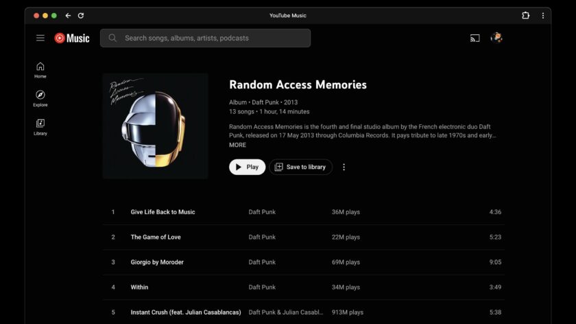 YouTube Music rolls out refreshed album and playlist UI on the web