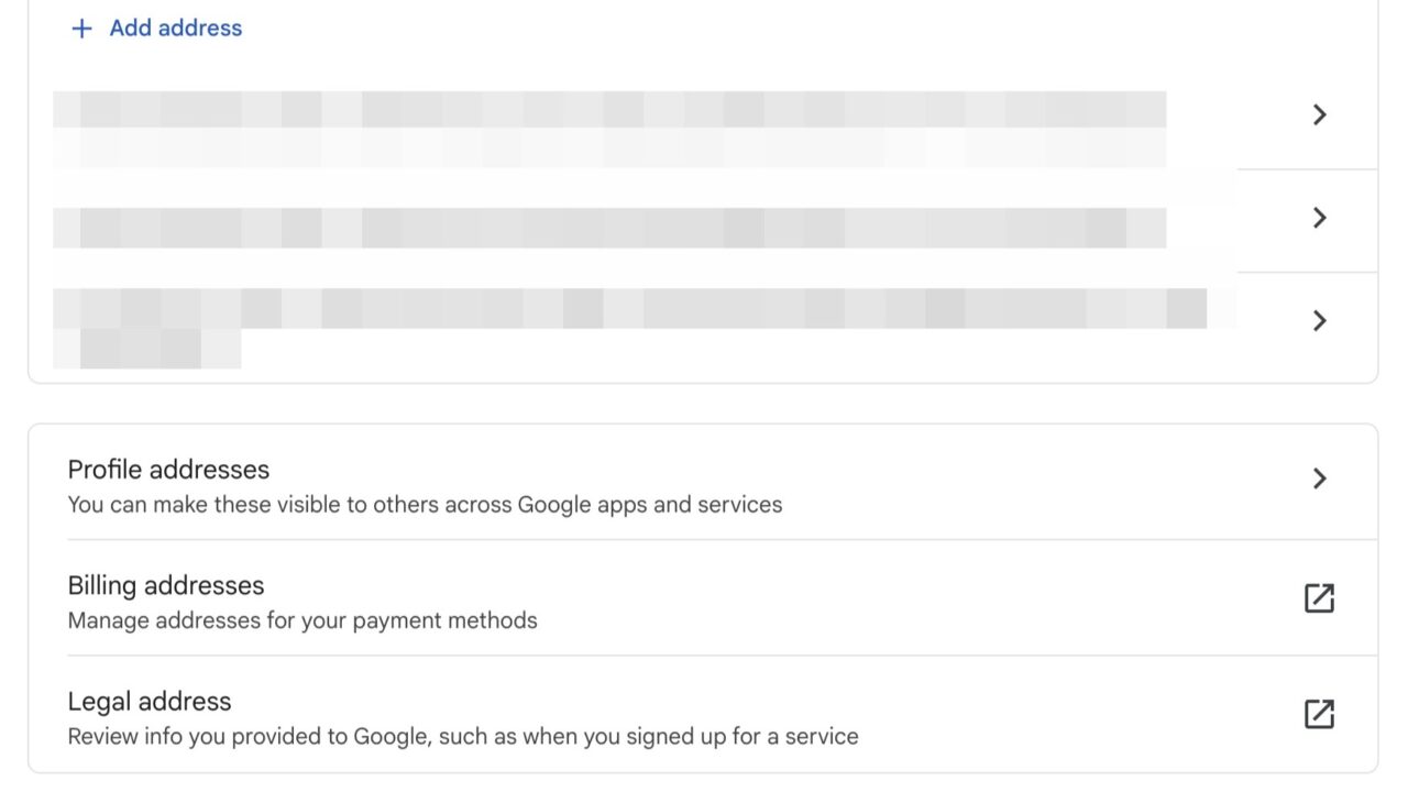 Google Account settings adds support for more address types
