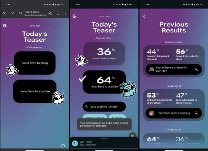 Google Discover gets interactive with 'Today's Teaser' polls