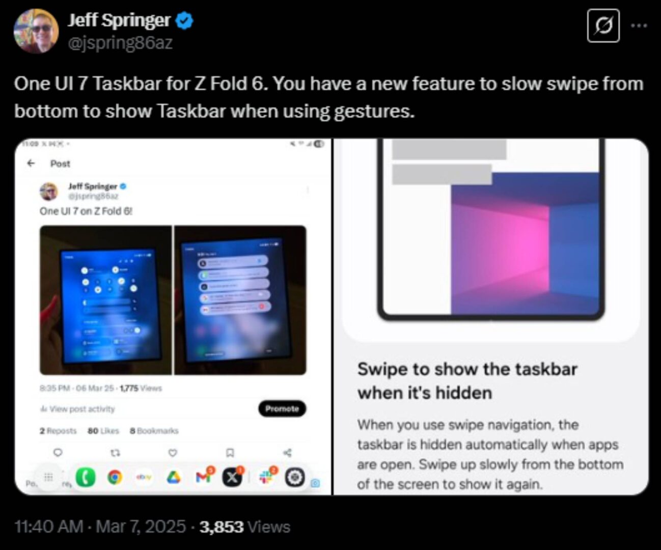 The Galaxy Z Fold 6 is getting a transient taskbar with One UI 7