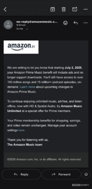 Amazon says Prime subscribers aren't getting ads in Music... today