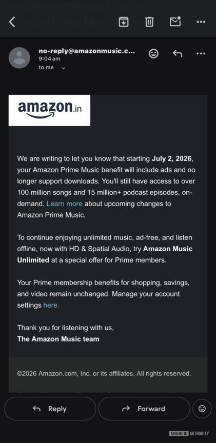 Amazon says Prime subscribers aren't getting ads in Music... today