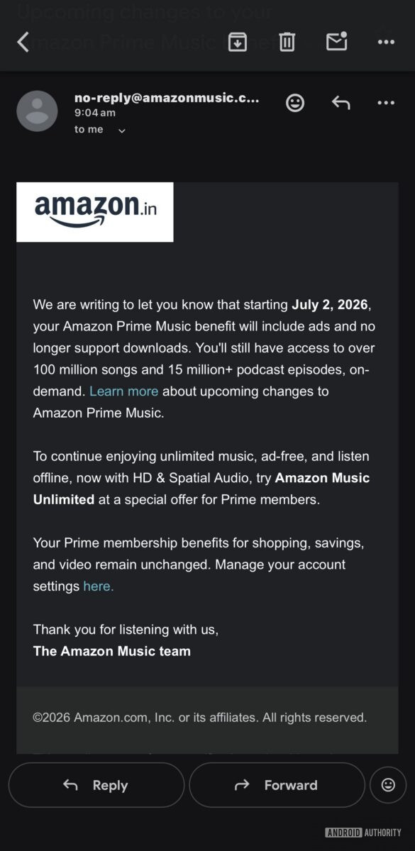Amazon says Prime subscribers aren't getting ads in Music... today